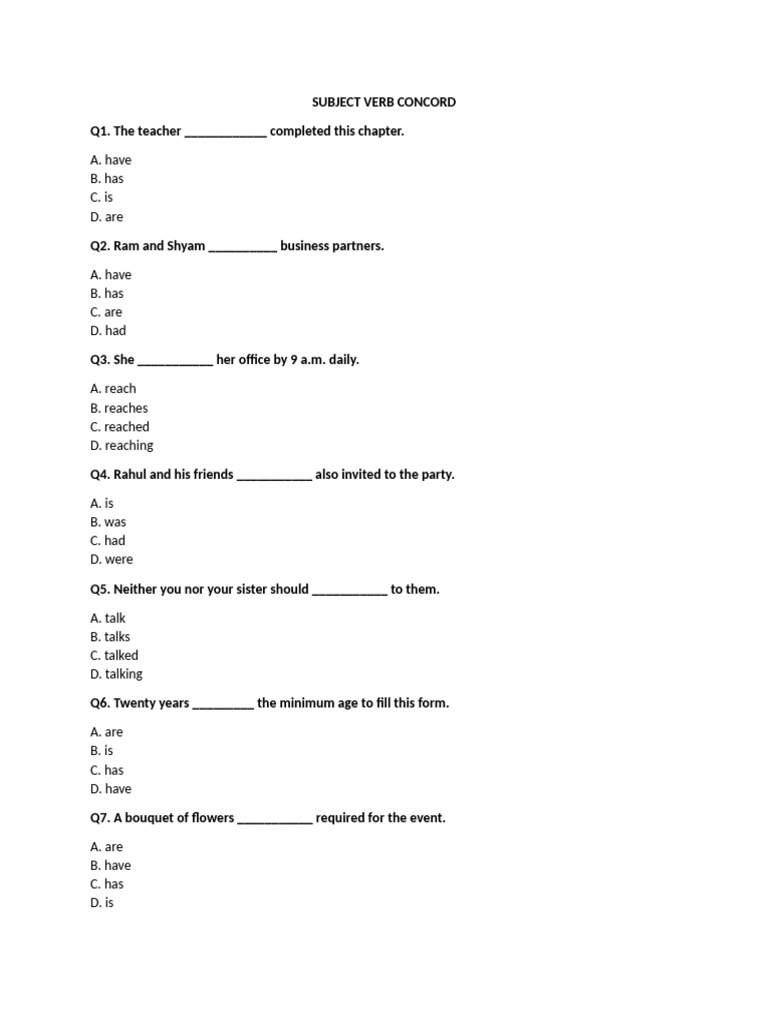 Subject-Verb Concord Exercises for Class 10 | PDF