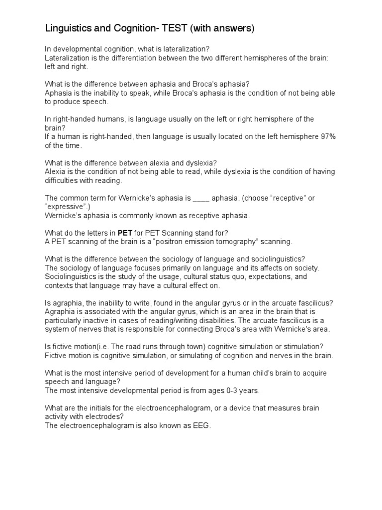 Linguistics and Cognition-TEST (With Answers) | PDF | Foreign Language ...