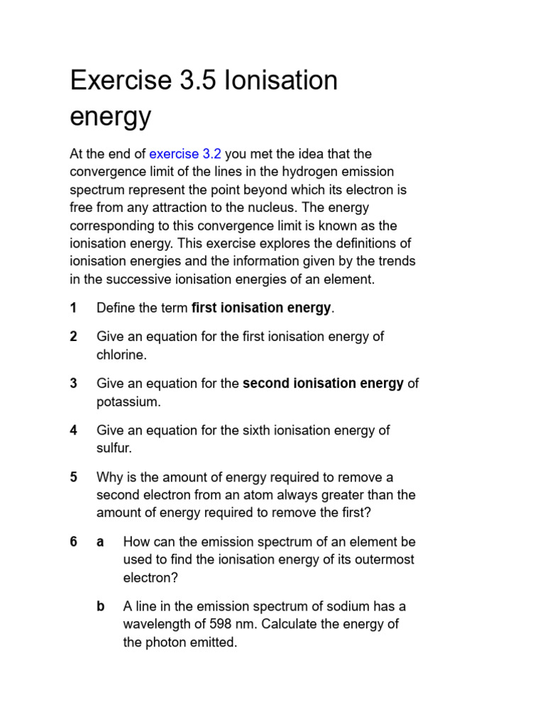Ionisation Energy Exercises Ib HL | PDF | Ionization | Emission Spectrum