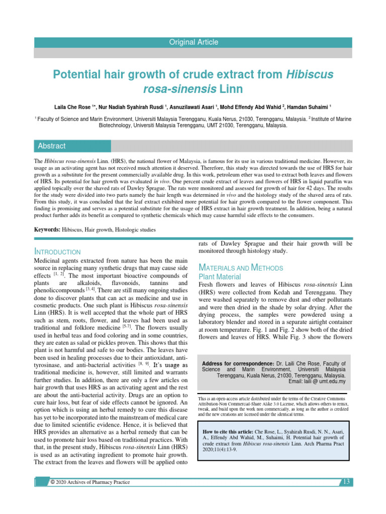 Potential Hair Growth of Crude Extract From Hibiscus Rosa Sinensis Linn ...