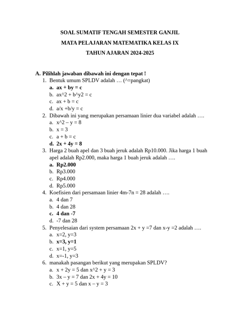 Soal Sts Ganjil MTK Kelas Ix TP 2024-2025 | PDF