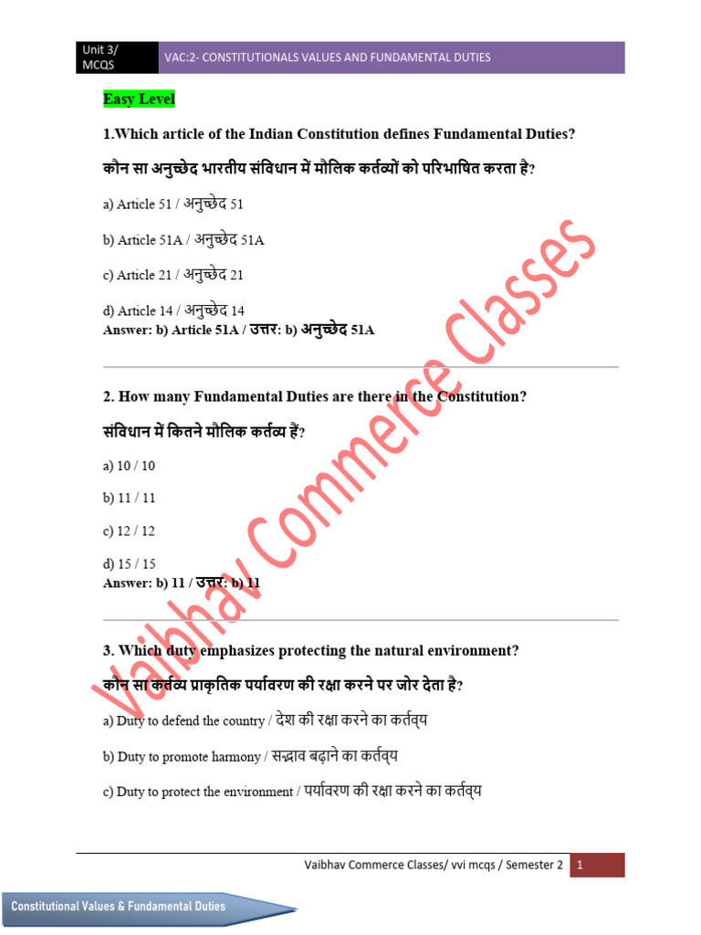 Constitutional Values VVI Mcqs Unit 3 | PDF