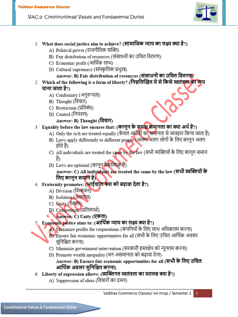 Constitutionals Values Vvi Mcqs Unit 2 | PDF