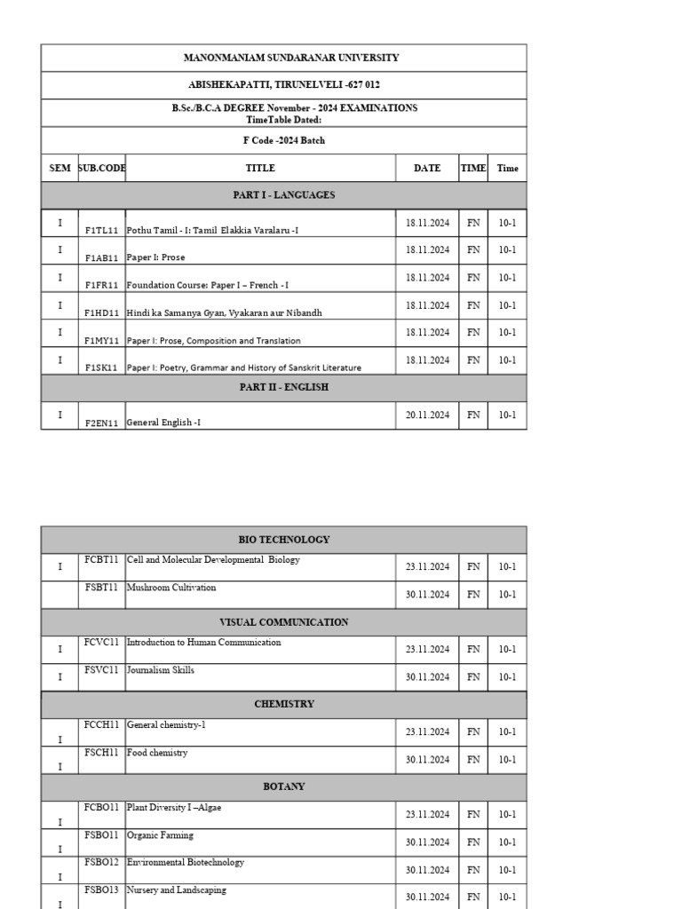 November 2024 B.SC & B.C.a Theory Examination Timetable | PDF | Physics | Mathematics