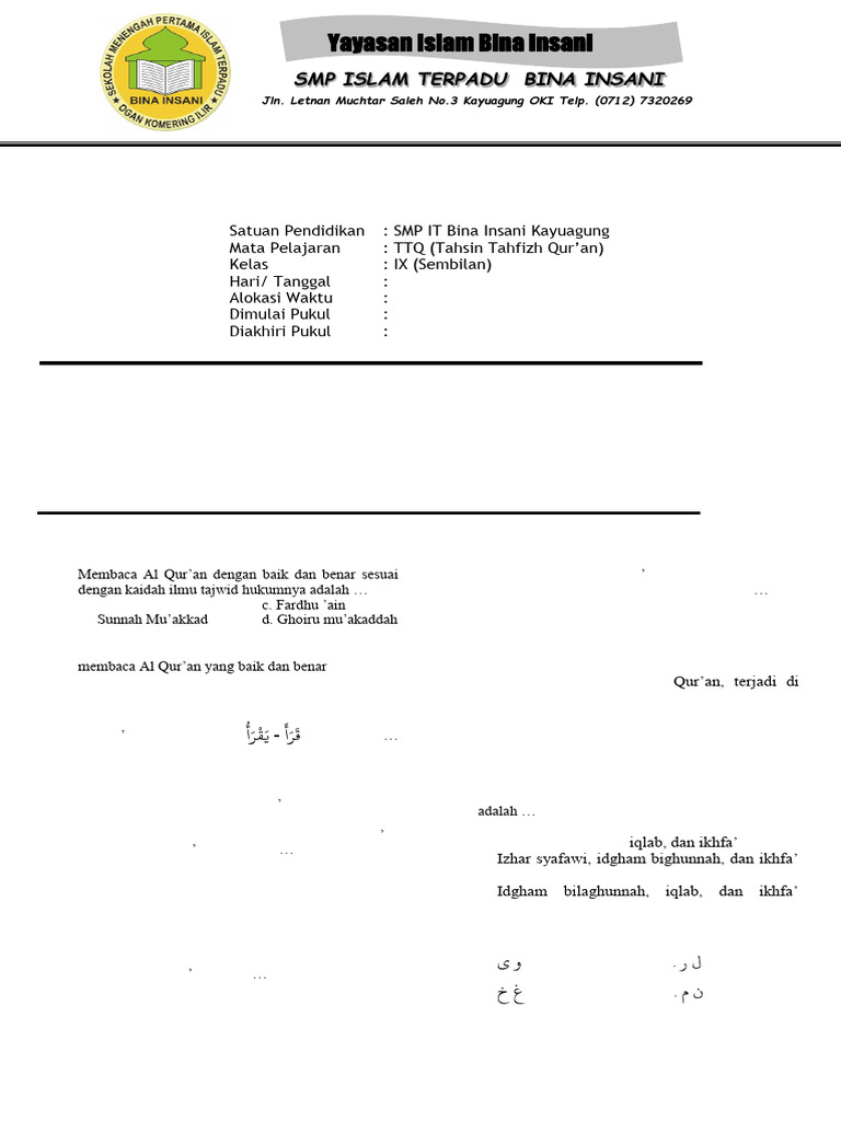 Penilaian Akhir Semester Ganjil - TTQ | PDF