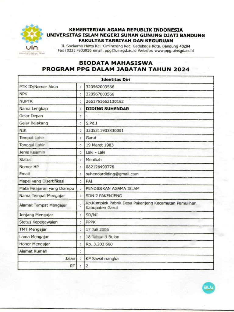 Biodata Mahasiswa PPG Diding | PDF