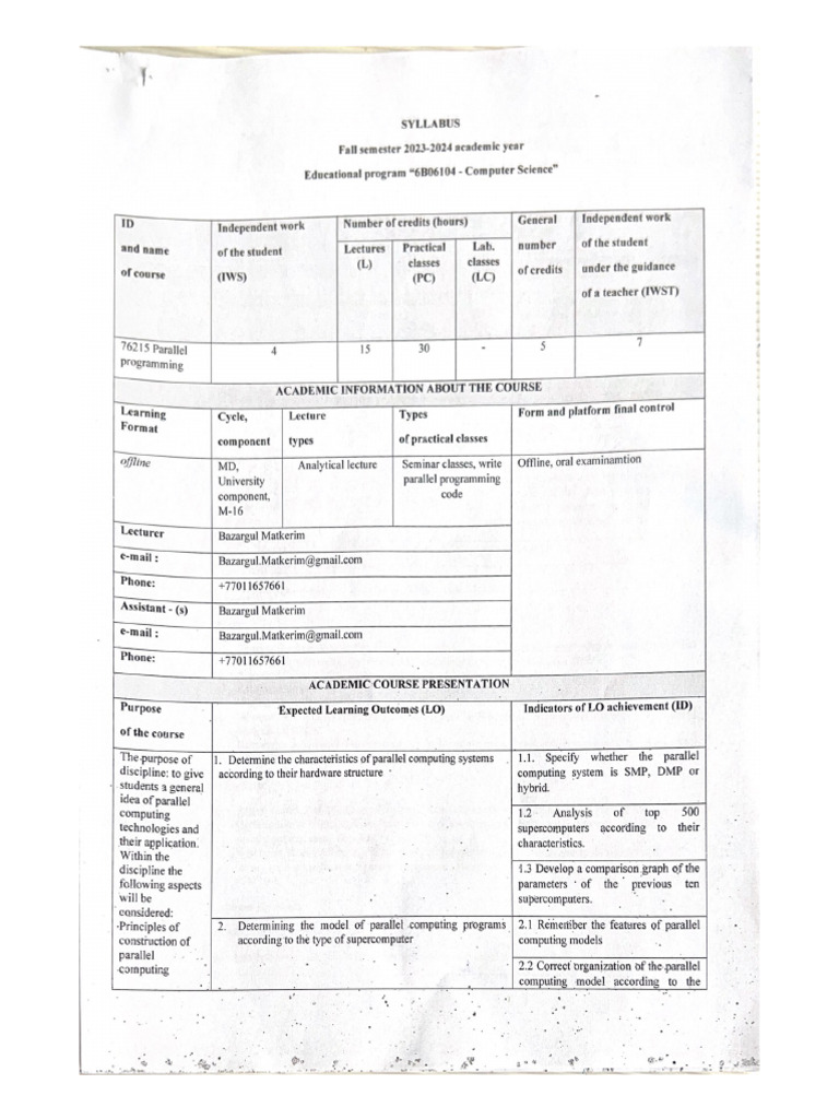 CS Parallel Programming Syllabus 2023-2024 | PDF