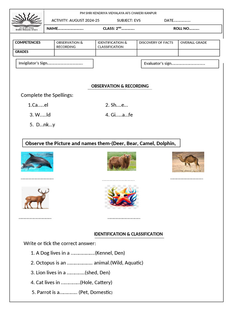 KVS EVS CLASS 2 Paper Animals | PDF