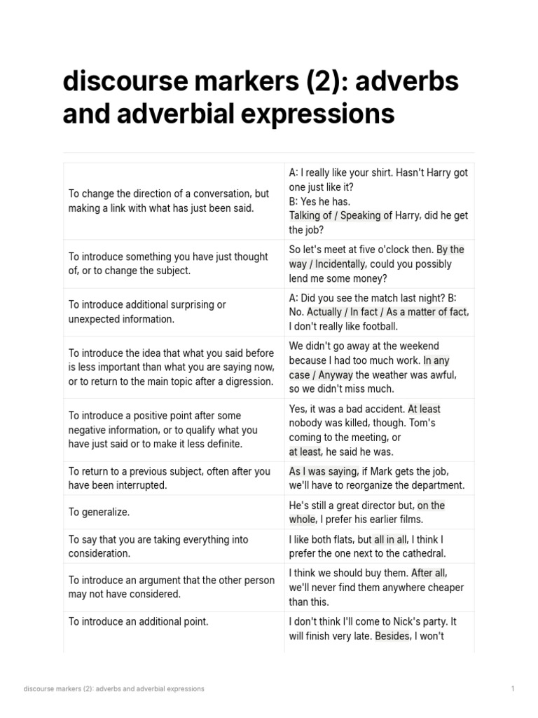 Discourse Markers: Adverbs Explained | PDF | Adverb