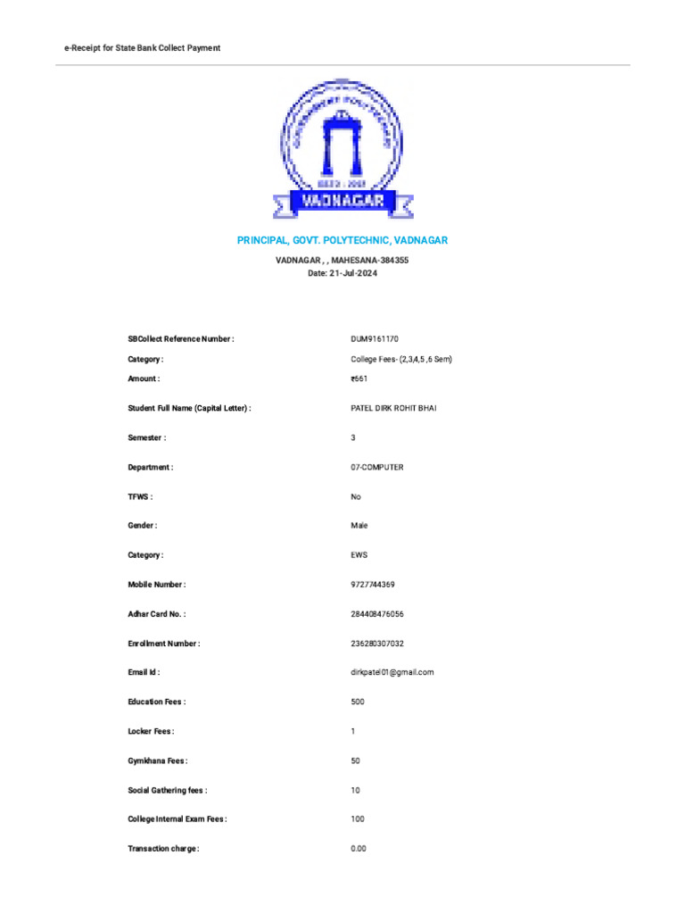 SB Collect Sem 3 College Fee | PDF