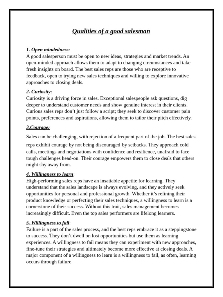 Qualities of A Good Salesman | PDF | Sales | Psychological Resilience