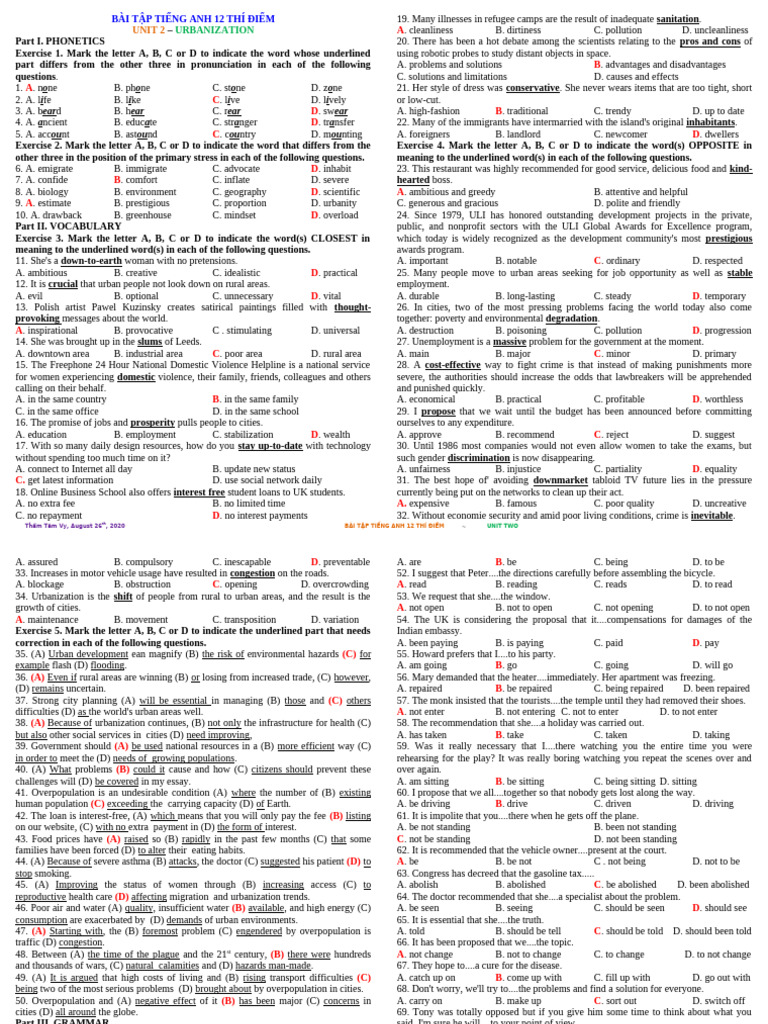 Bai Tap Av 12 Thi Diem Unit Two | PDF | Cost Of Living | Urbanization