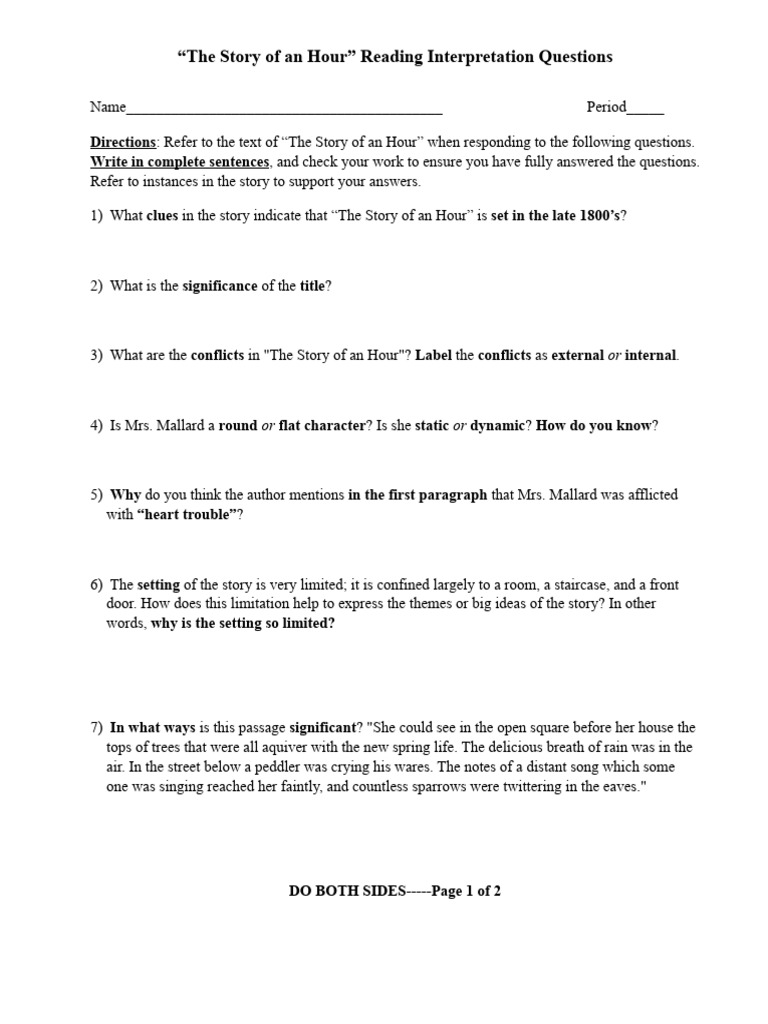 The Story of An Hour Study Guide Solved | PDF