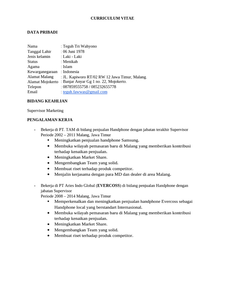 Daftar Riwayat Hidup Teguh | PDF