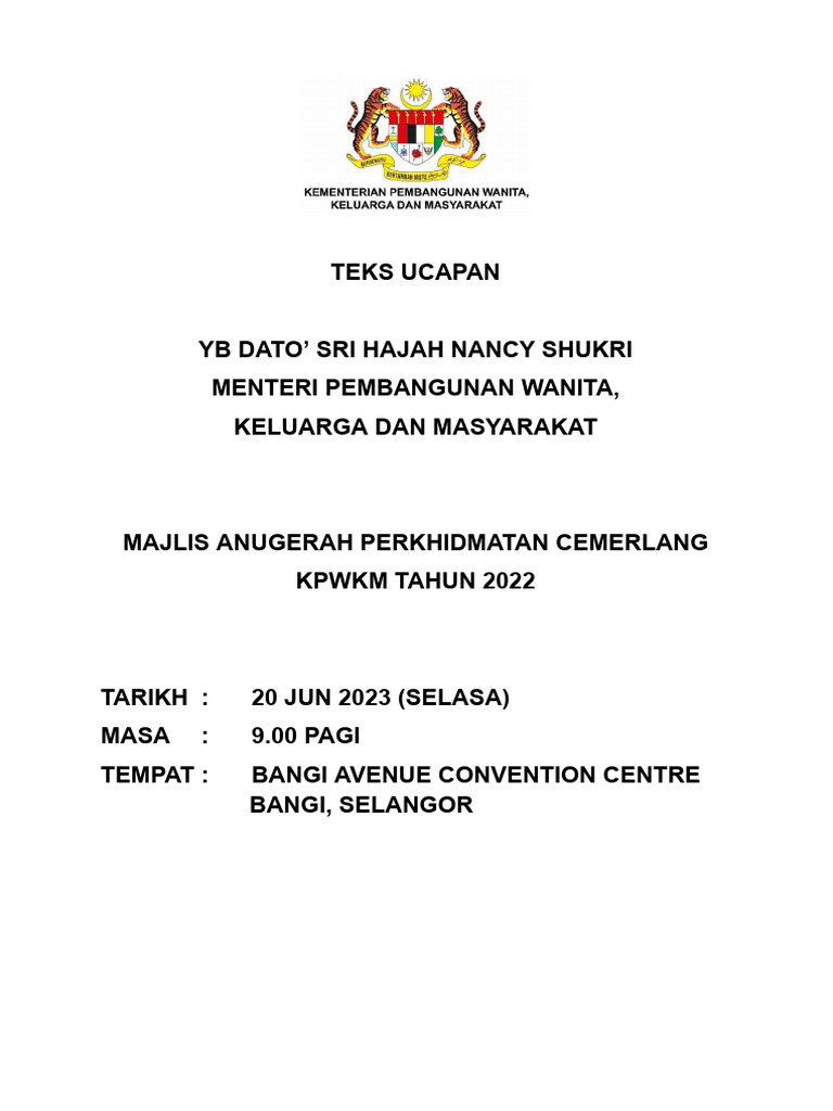 Teks Ucapan YBM KPWKM APC 2022 V - 10 (17062023) | PDF