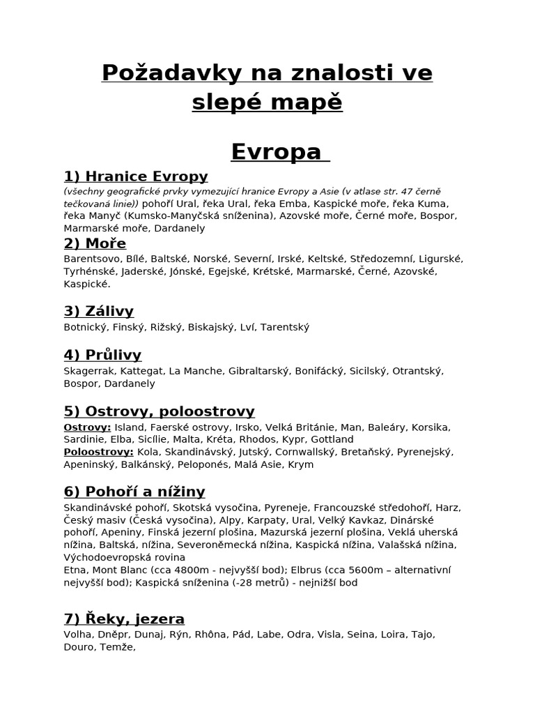 Evropa - Požadavky Slepá Mapa | PDF