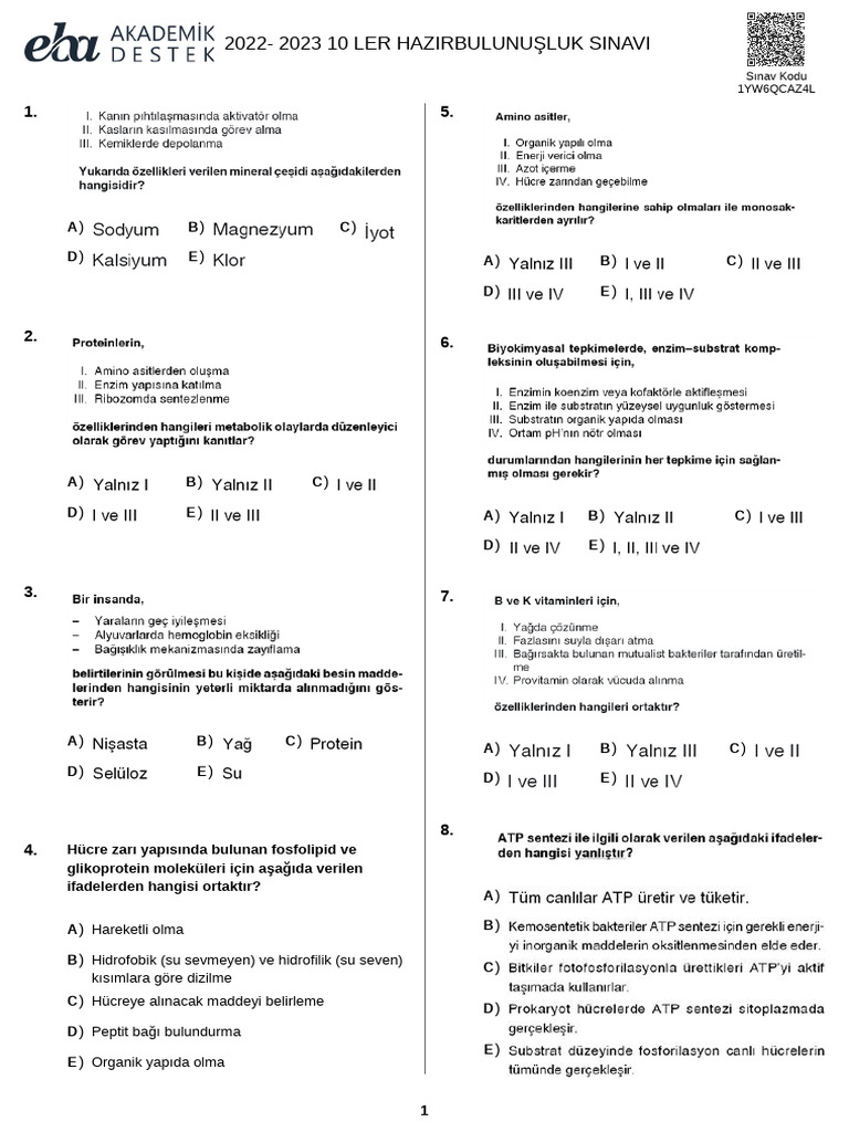 2022-2023 10 Ler Hazirbulunuşluk Sinavi: A B C D E A B C D E | PDF