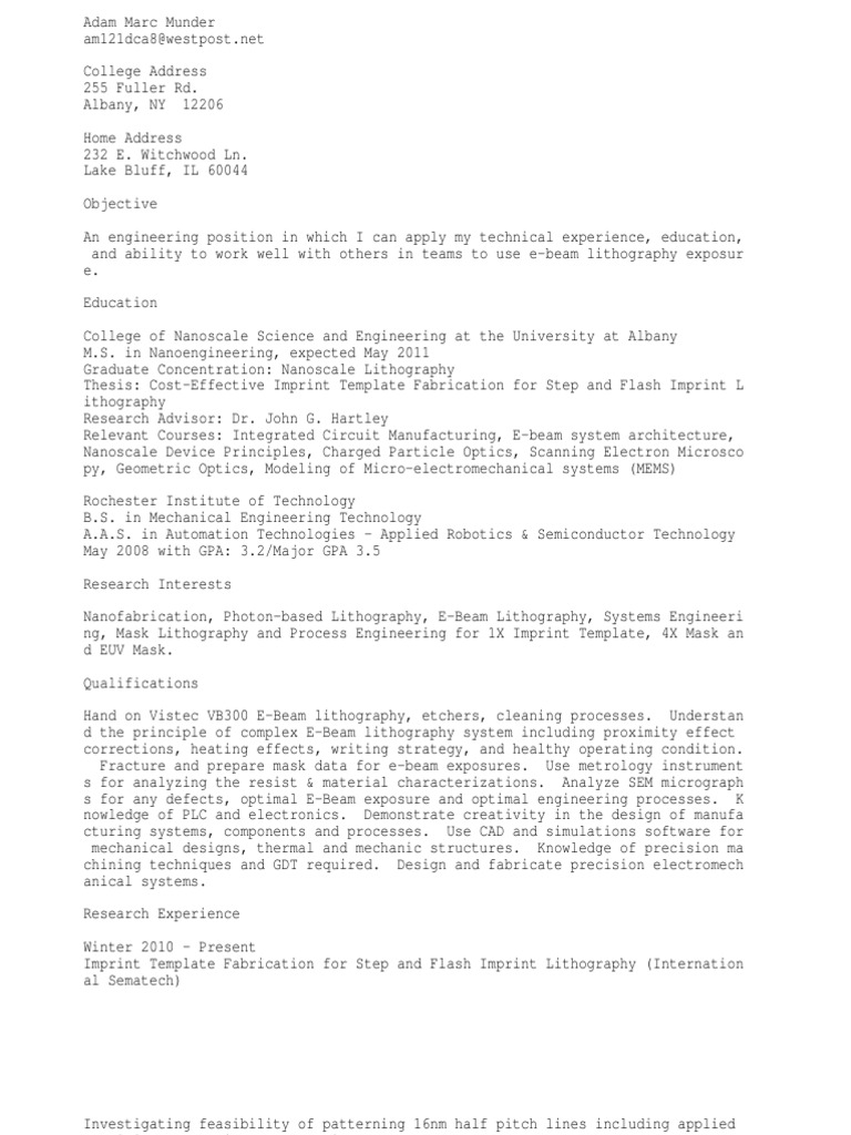 Lithography or Lithography Process Engineer or Electron Beam Lit | PDF ...