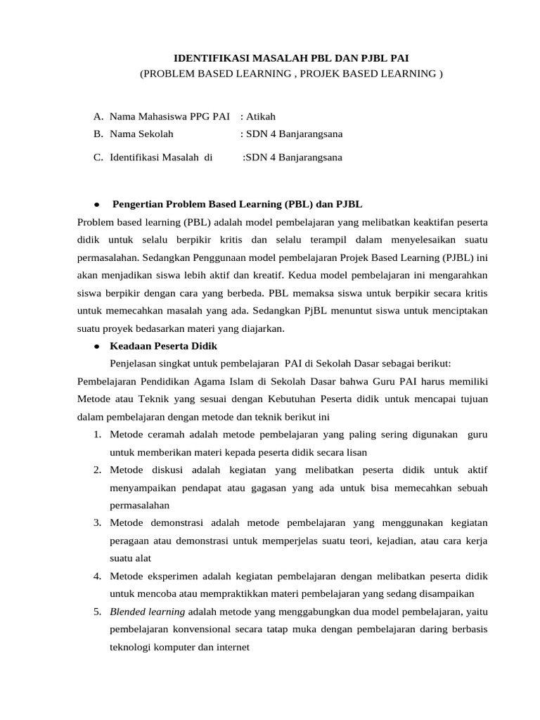 Tugas Identifikasi Masalah PBL PJBL Pai | PDF