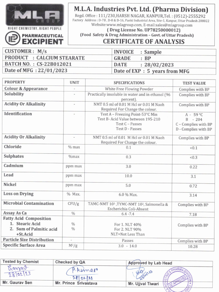 CALCIUM STEARATE BP COA - MIPL | PDF
