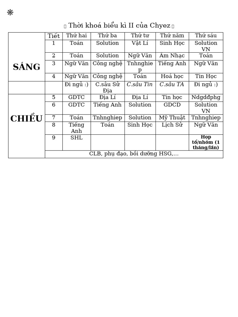 Thời khoá biểu kì II của Chyez: C.sâu Tin C.sâu TA | PDF