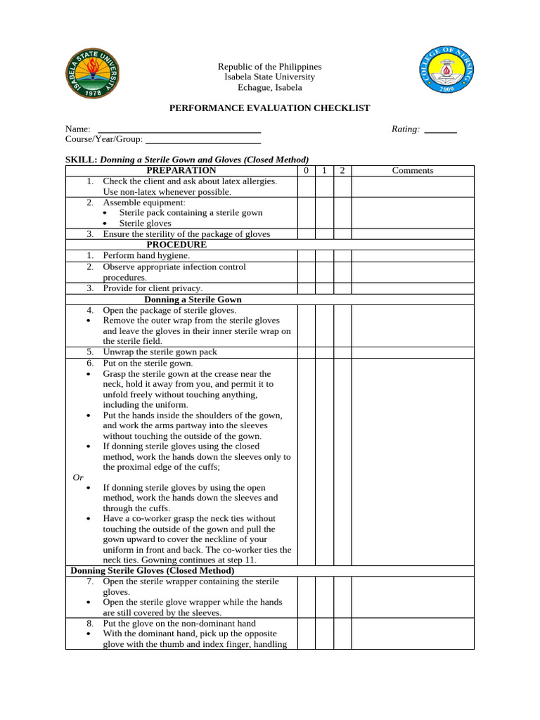 Aseptic Technique Checklist | PDF | Hand | Glove