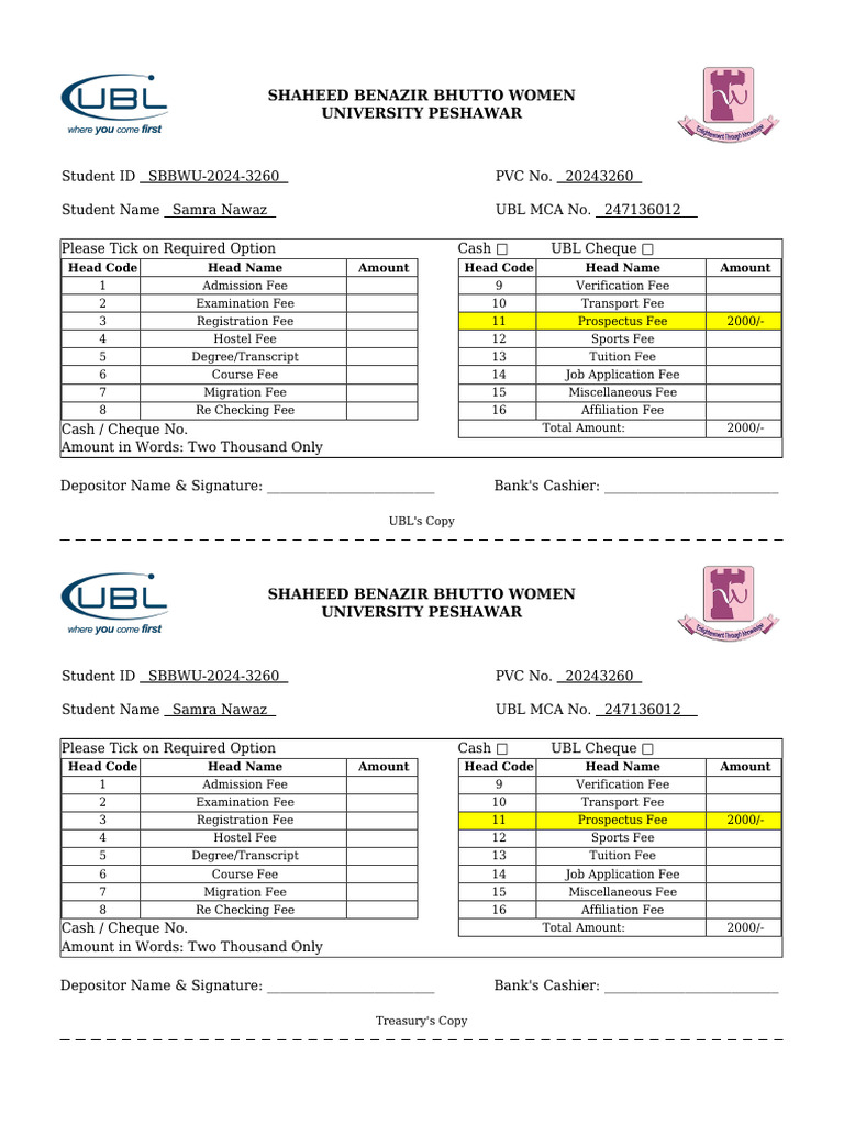 SBBWU - Admission - Fee - SlipSamra Nawaz | PDF | Institutional ...