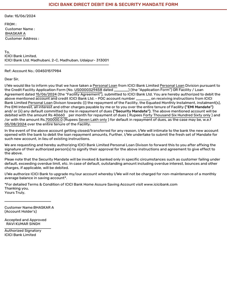 ("EMI Mandate") ("Security Mandate") | PDF | Debits And Credits | Debt