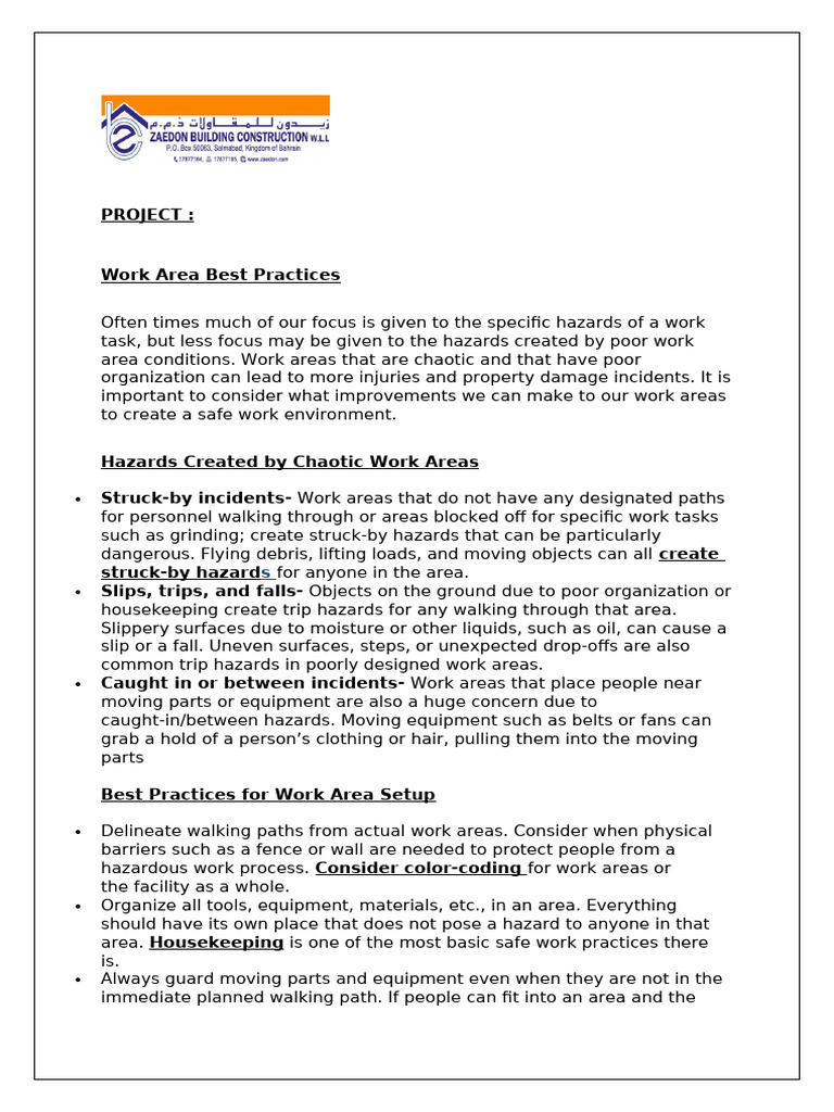 Work Area Safety Best Practices | PDF | Hazards | Housekeeping