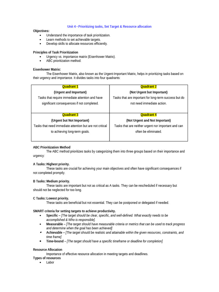 Unit 4 - Prioritizing Tasks, Set Target & Resource Allocation | PDF ...