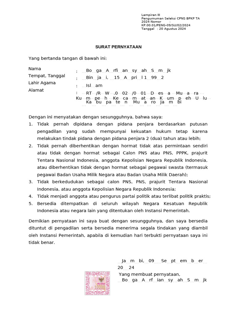 Surat Pernyataan CPNS BPKP 2024 | PDF