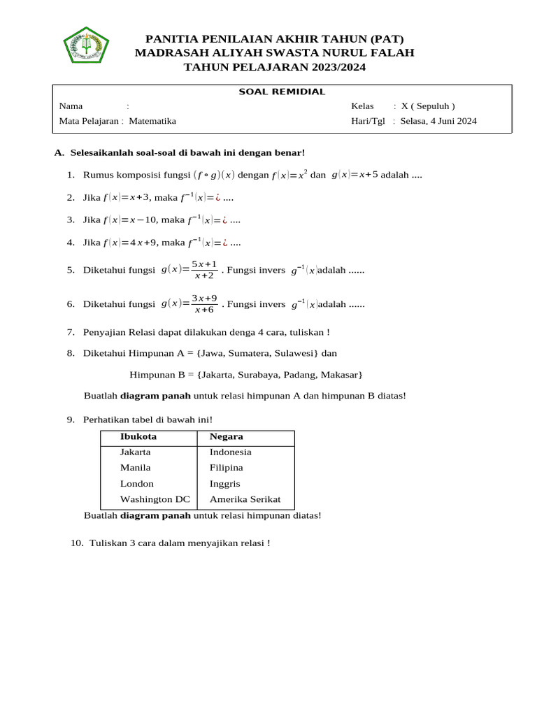 Soal Remedial Kelas X | PDF