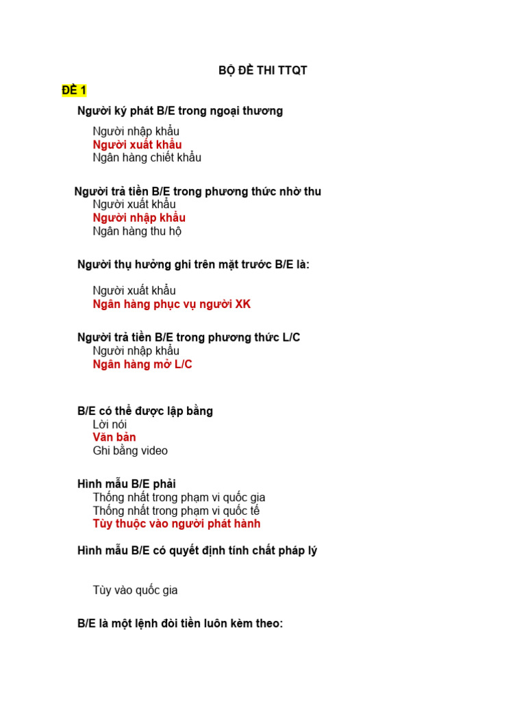 BỘ ĐỀ THI TTQT Đáp Án | PDF