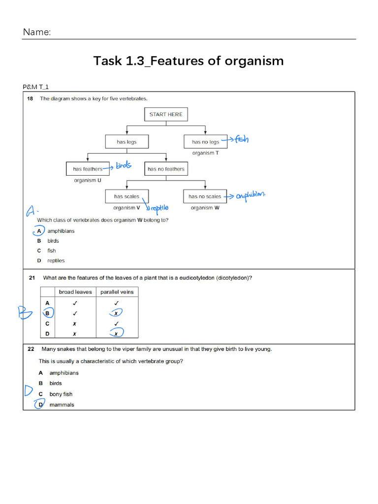 IGCSE Biology Task 1.3 - Features of Organism - MCQ+SQ | PDF | Science ...