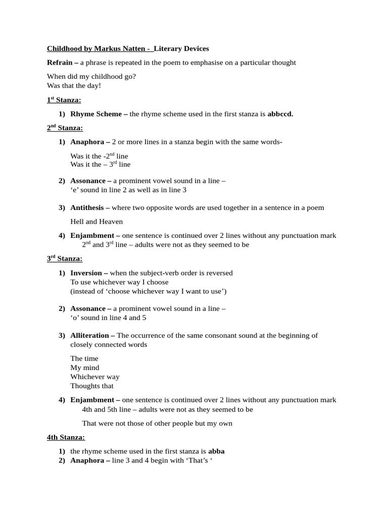 Poetic Devices in "Childhood" by Natten | PDF | Rhyme | Thought