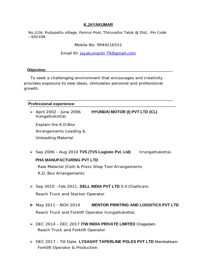 Forklift Operator Resume - K. Jayakumar | PDF