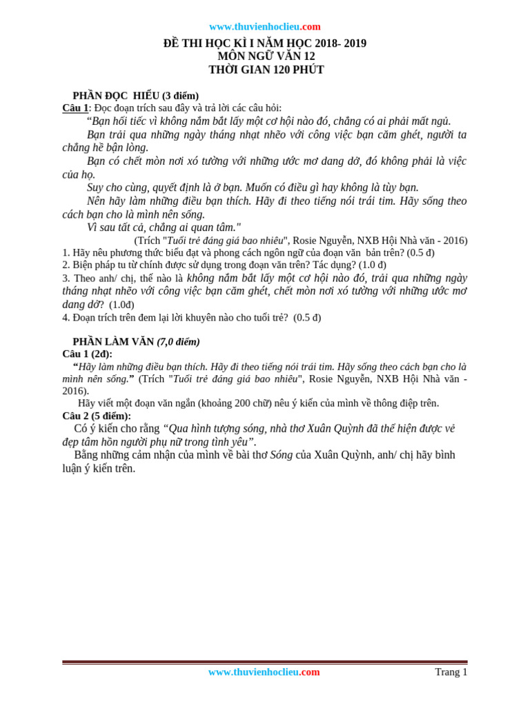 20 de Thi HK1 Ngu Van 12 Co Dap An | PDF