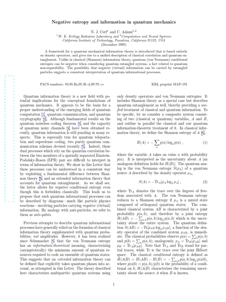 Negative Entropy and Information in Quantum Mechanics | PDF | Quantum Entanglement | Entropy