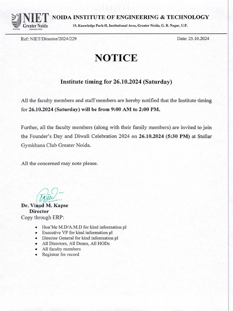 Institute Timing For 26.10.2024 | PDF