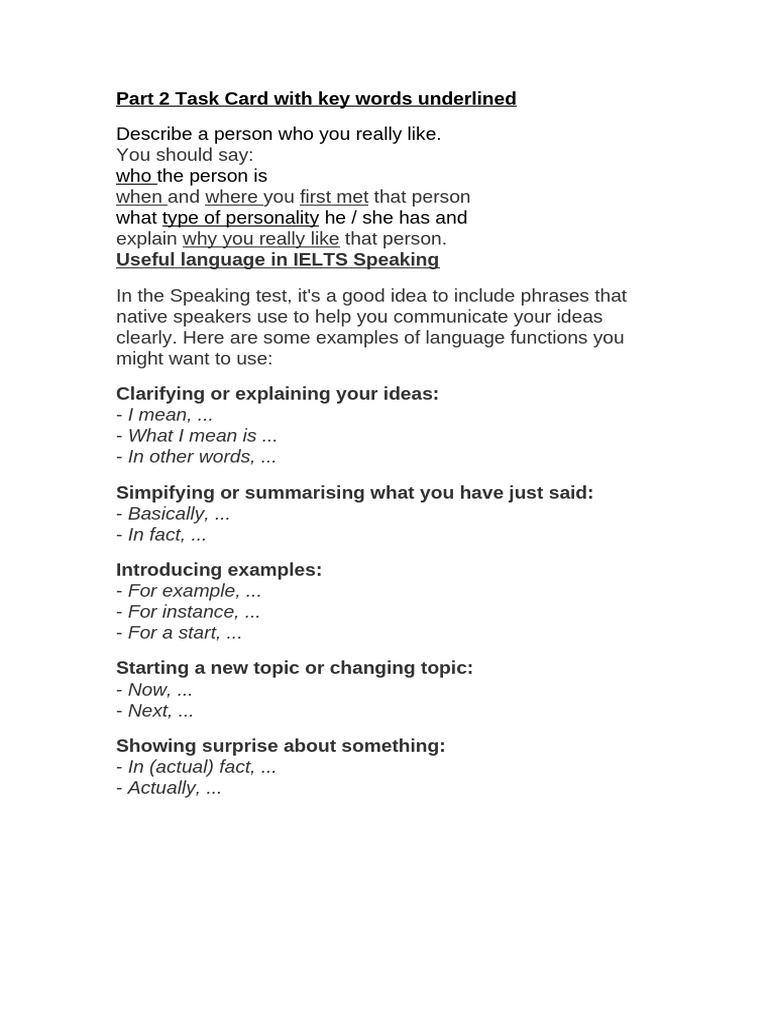 Part 2 Task Card With Key Words Underlined | PDF