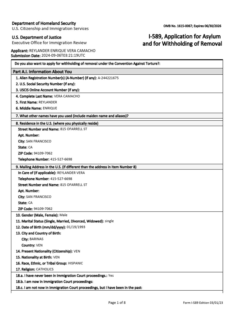 I-589, Application For Asylum and For Withholding of Removal | PDF ...