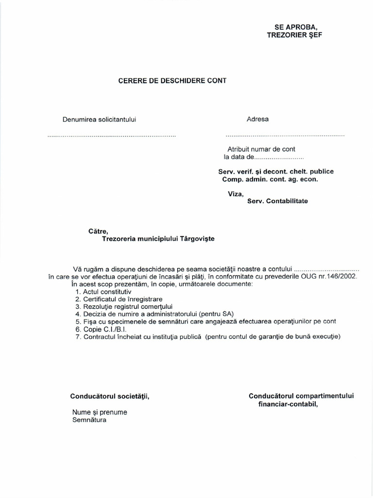 Formular Deschidere Cont Trezorerie | PDF