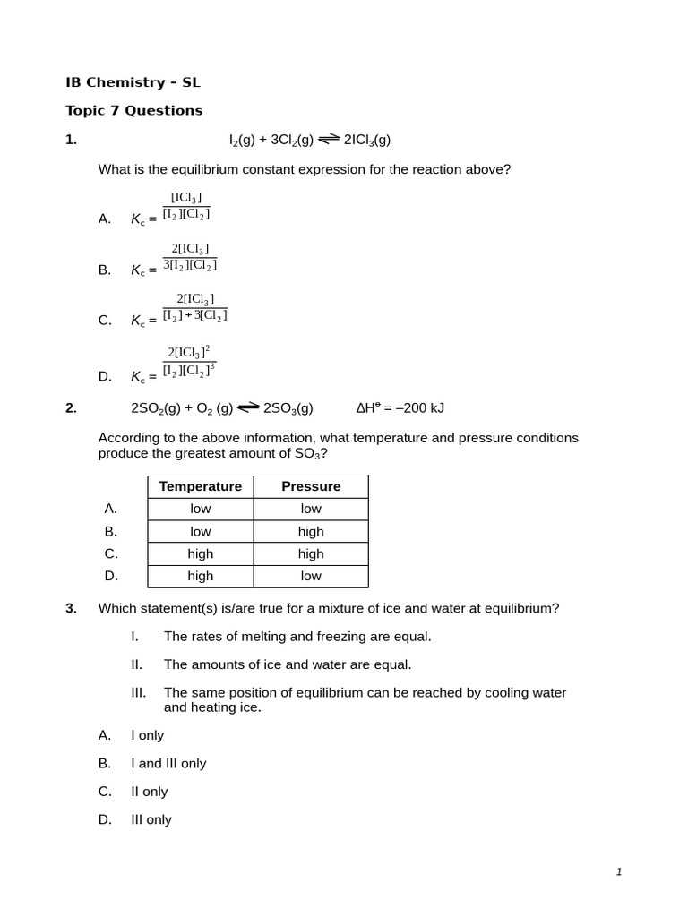 Equilibrium SL Questions | PDF | Reaction Rate | Chemical Equilibrium