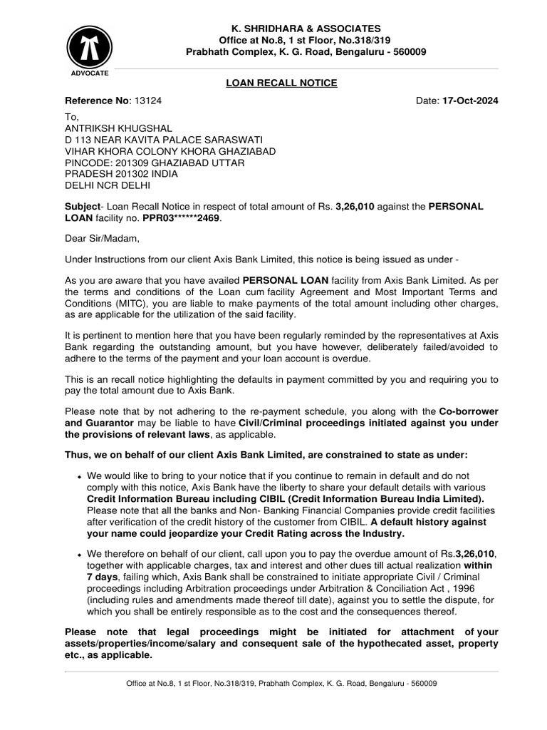Axis Bank Loan Recall Notice | PDF | Credit | Finance & Money Management