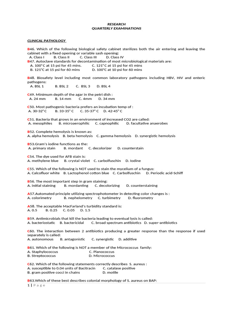 PHC Quarterly Exam CP | PDF | Streptococcus | Staining