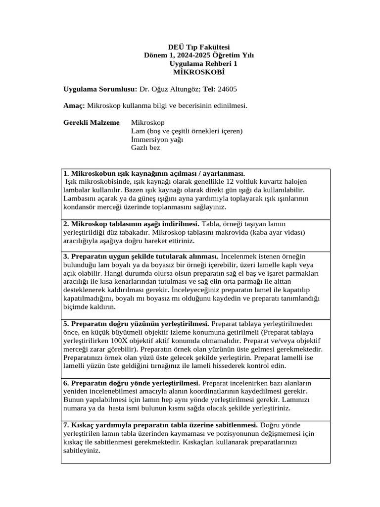 Işik Mi̇kroskobu Kullanimi Föyü-1 | PDF