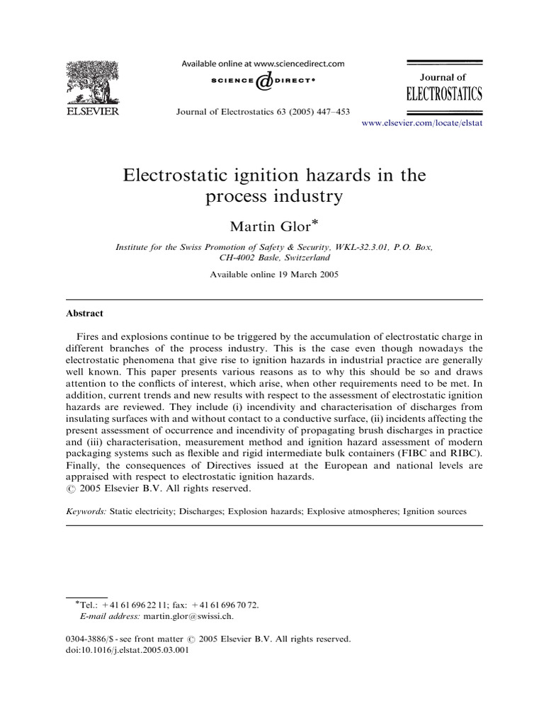 Electrostatic Ignition Hazards in The Process Industry (Glor) | PDF ...