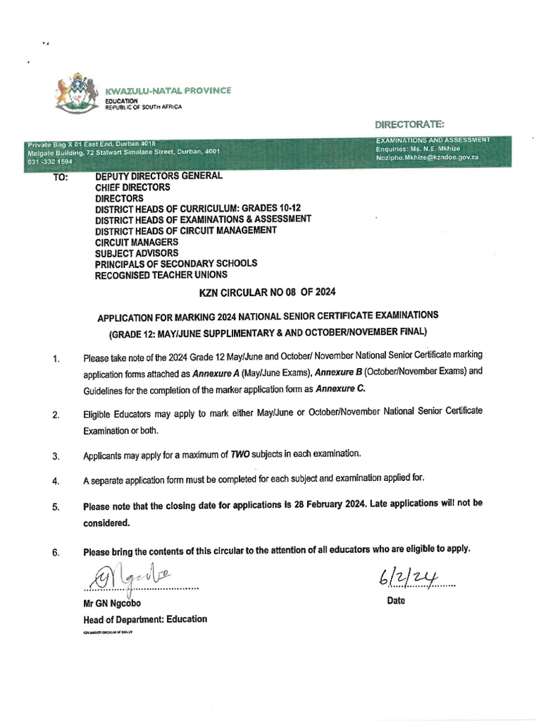 KZN Circular No. 08 of 2024-Application For Marking 2024 National ...