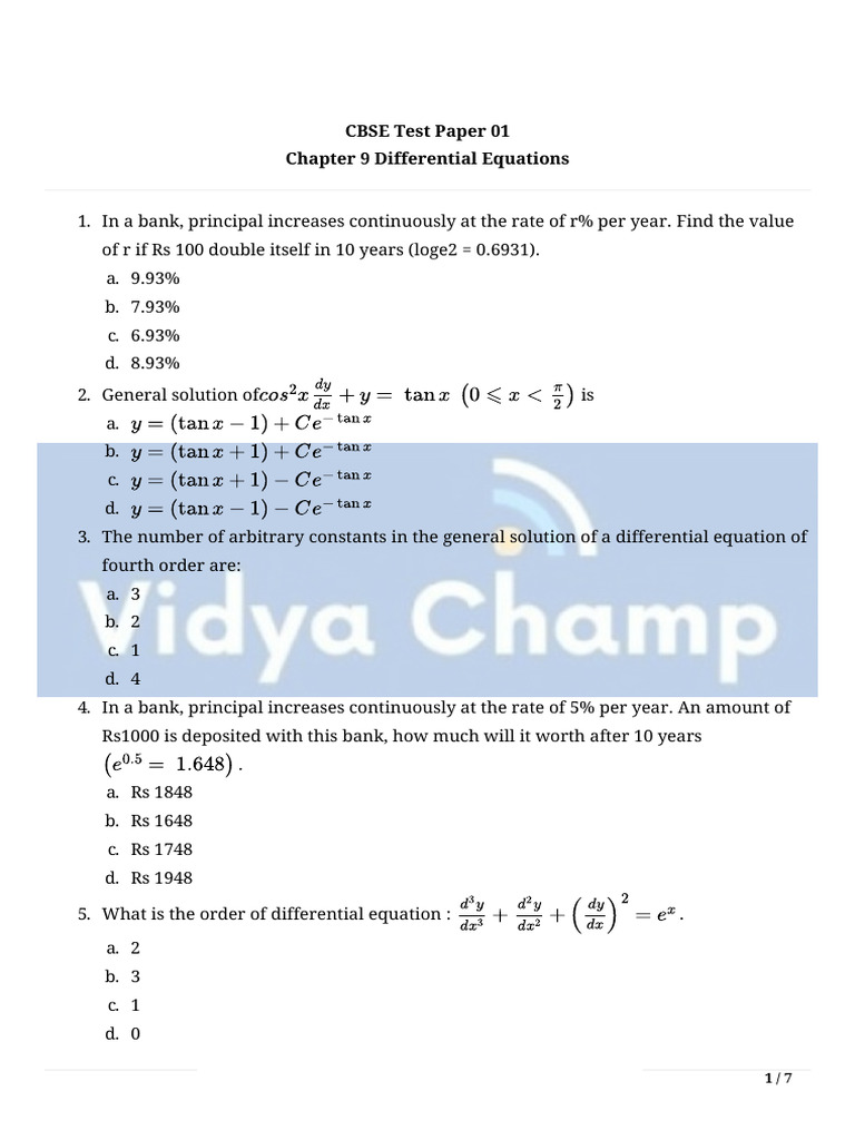 CBSE Test Paper 01 Chapter 9 Differential Equations | PDF | Equations ...
