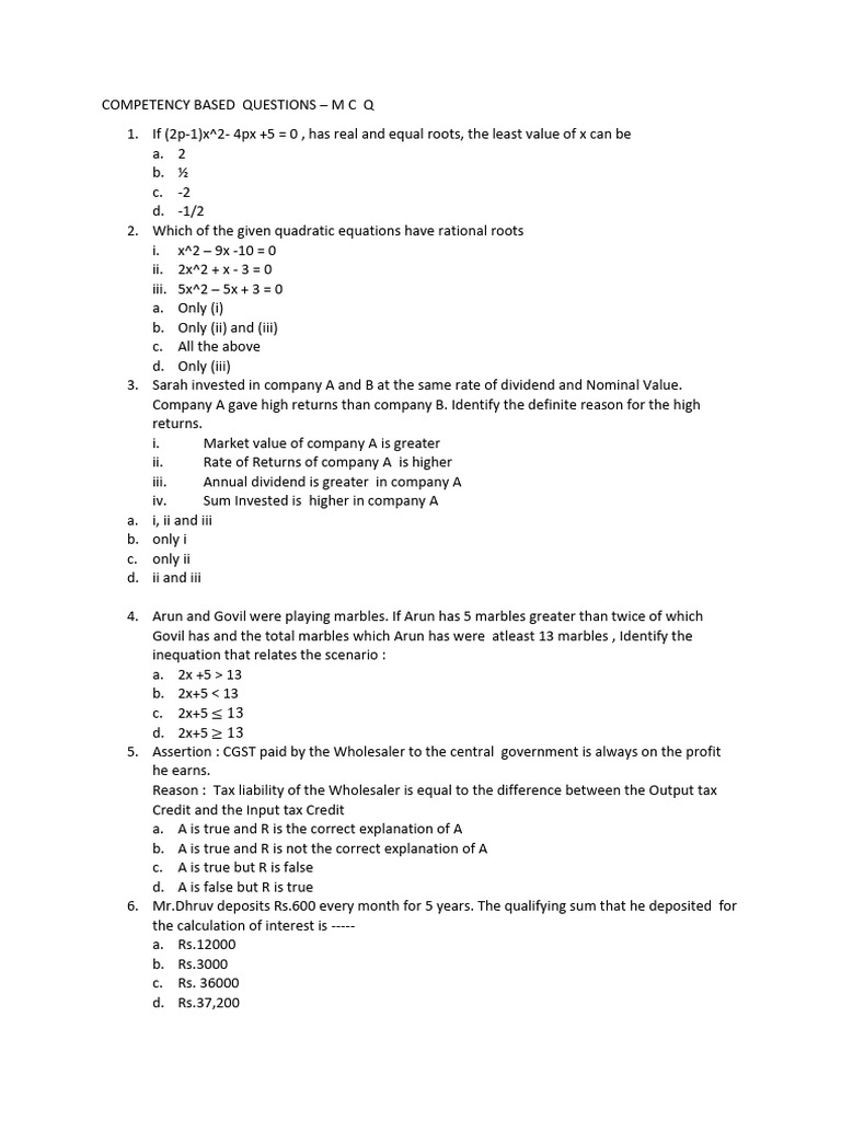 Competency-Based Math MCQs for Class 10 | PDF | Mathematical Concepts | Mathematical Analysis